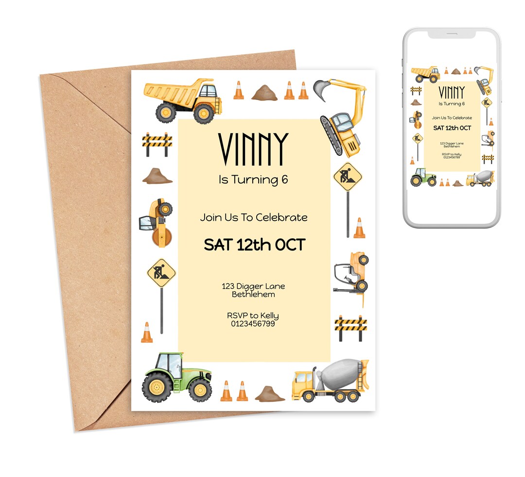 Construction Birthday Invitation Boys Invite Party Invitation Printable ...