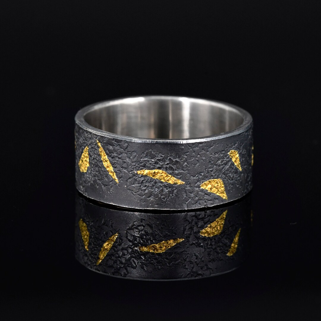 Oxidized Sterling Silver Band 8mm With Keum Boo 24K Gold Leaf - Etsy