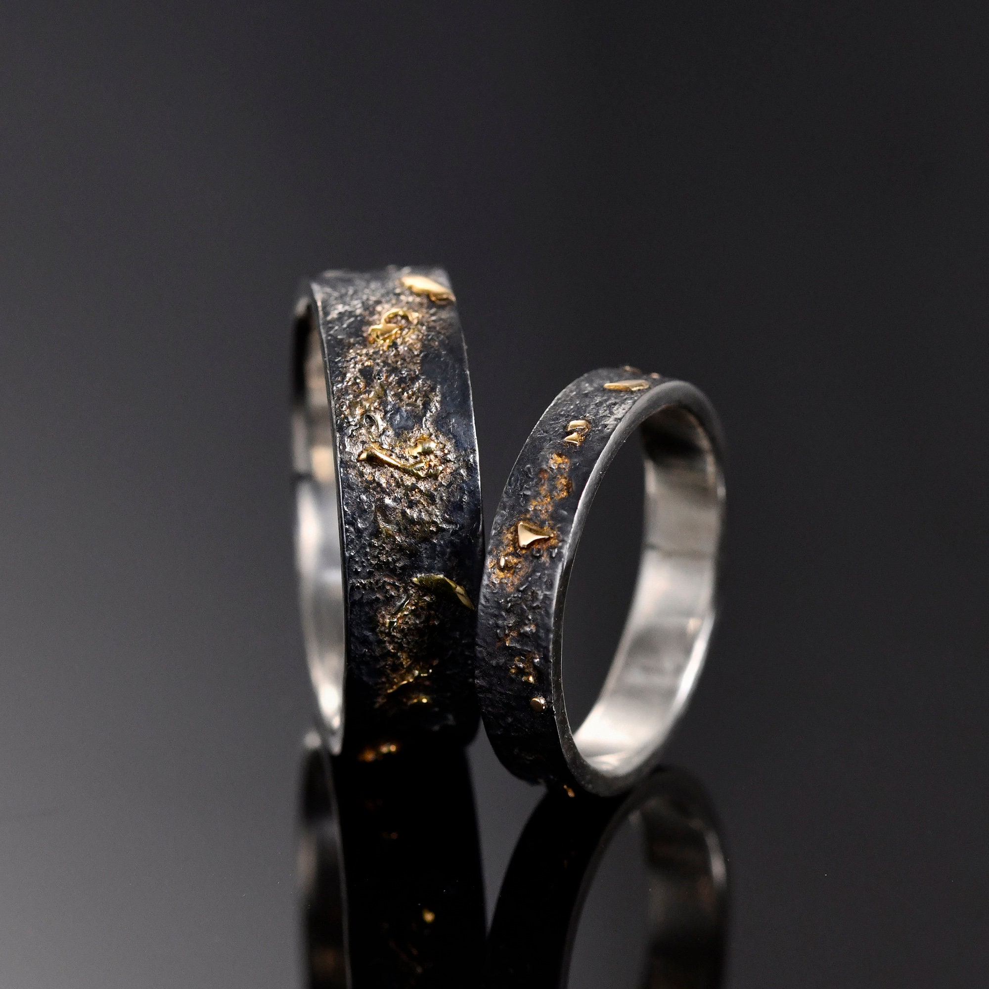 Hand Forged Black Silver & 18k Gold Lava Ring Set: Rustic Wedding Bands ...