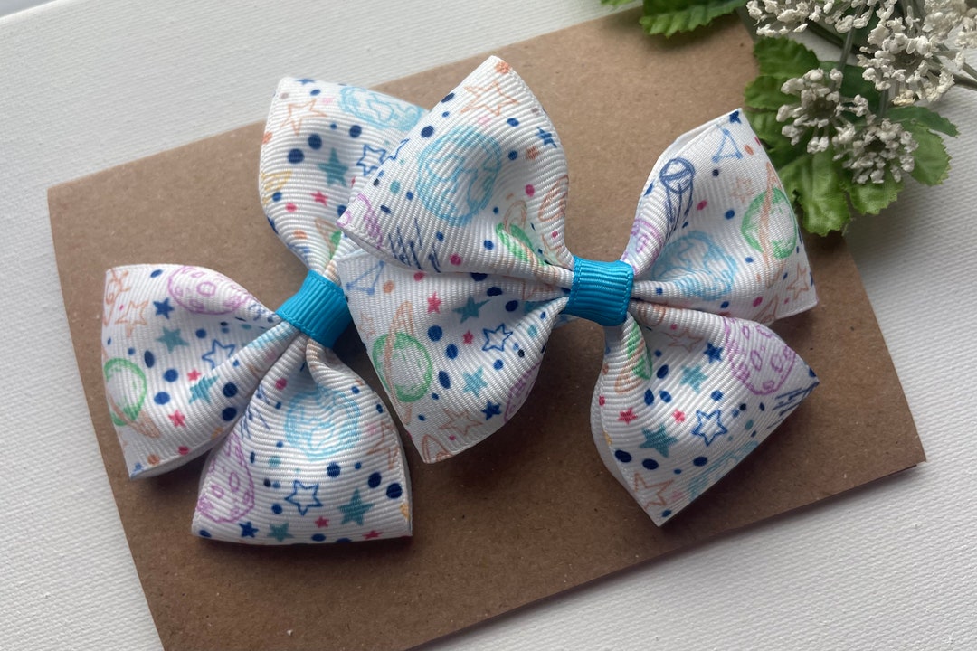 Set of 2 Space Themed Hair Bows – 3 Inch Handmade Clips for Girls ...