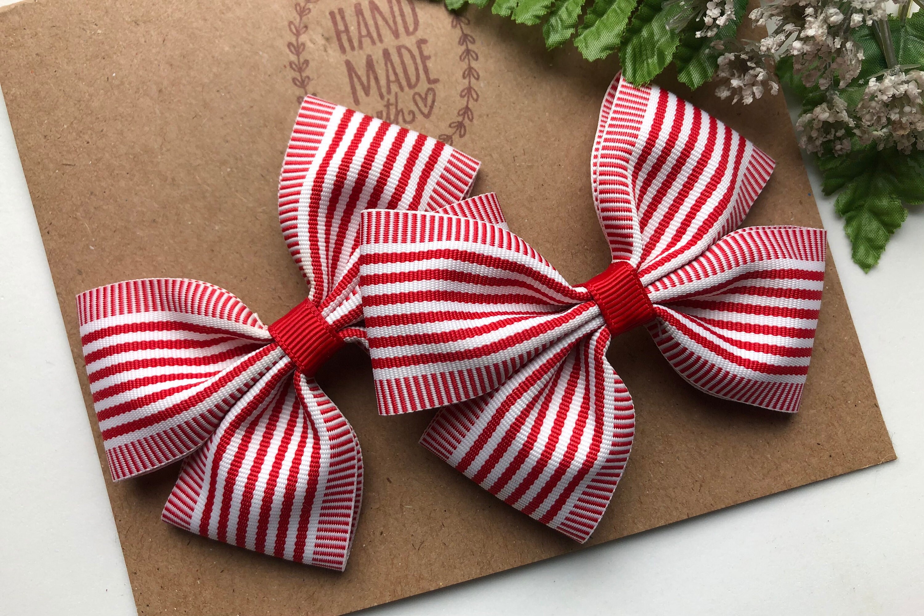 Red Pigtail Bow Set , Red Striped Hair Bows , Red and White Bows , Set ...
