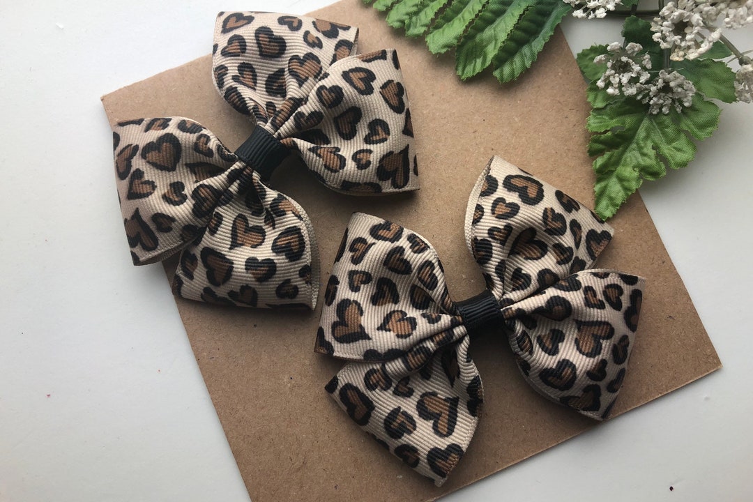 Leopard Heart Print Hair Bows , Leopard Bows, Pigtail Hair Bows ...