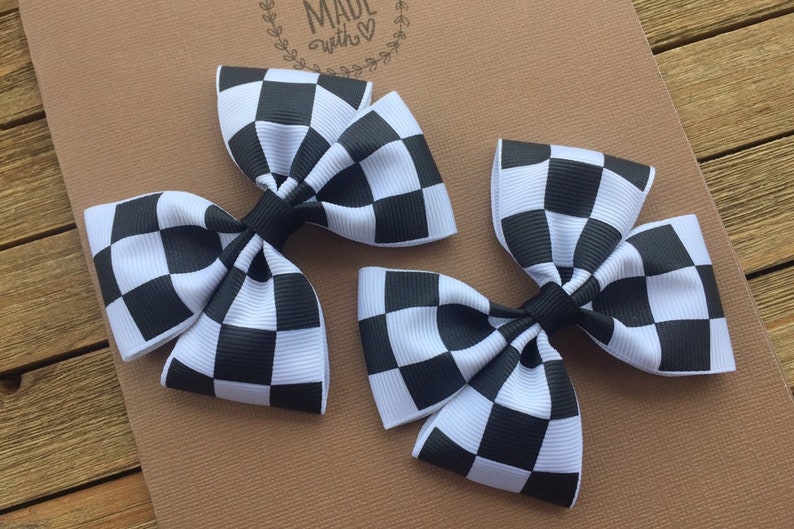 Racing Checker Flag Black and White Pigtail Hair Bow Set of - Etsy