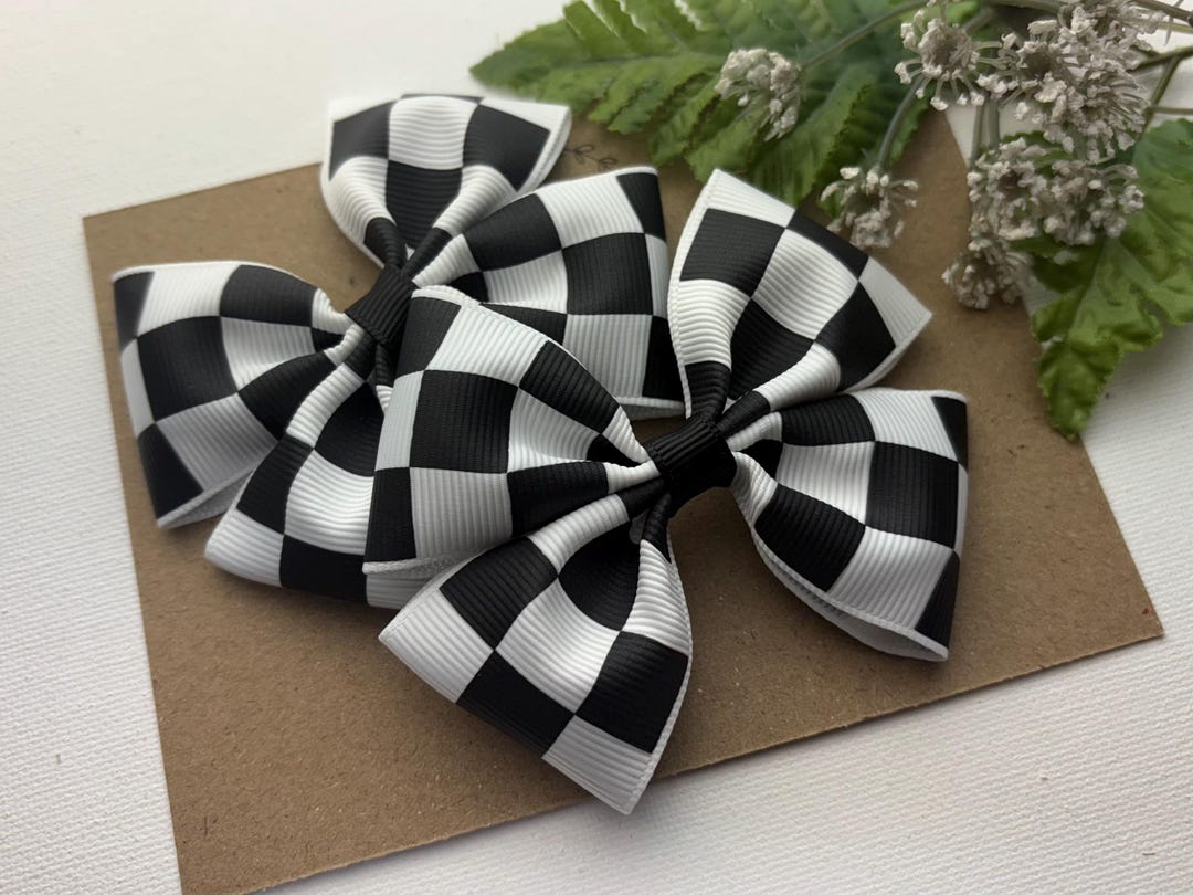 Racing Checker Flag Black and White Pigtail Hair Bow , Set of 2 ...