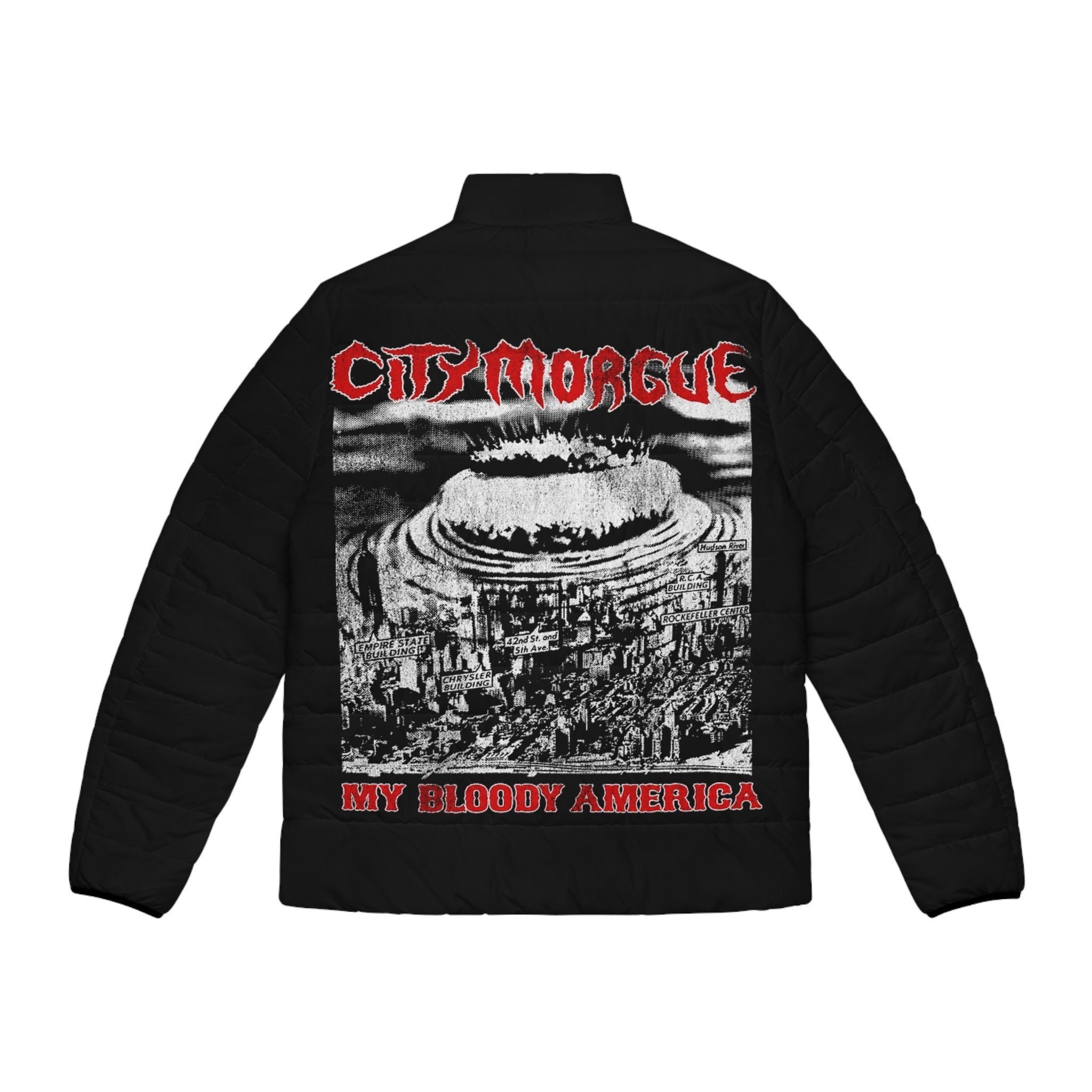 City Morgue My Bloody America Puffer Jacket Red Black Front and Back ...