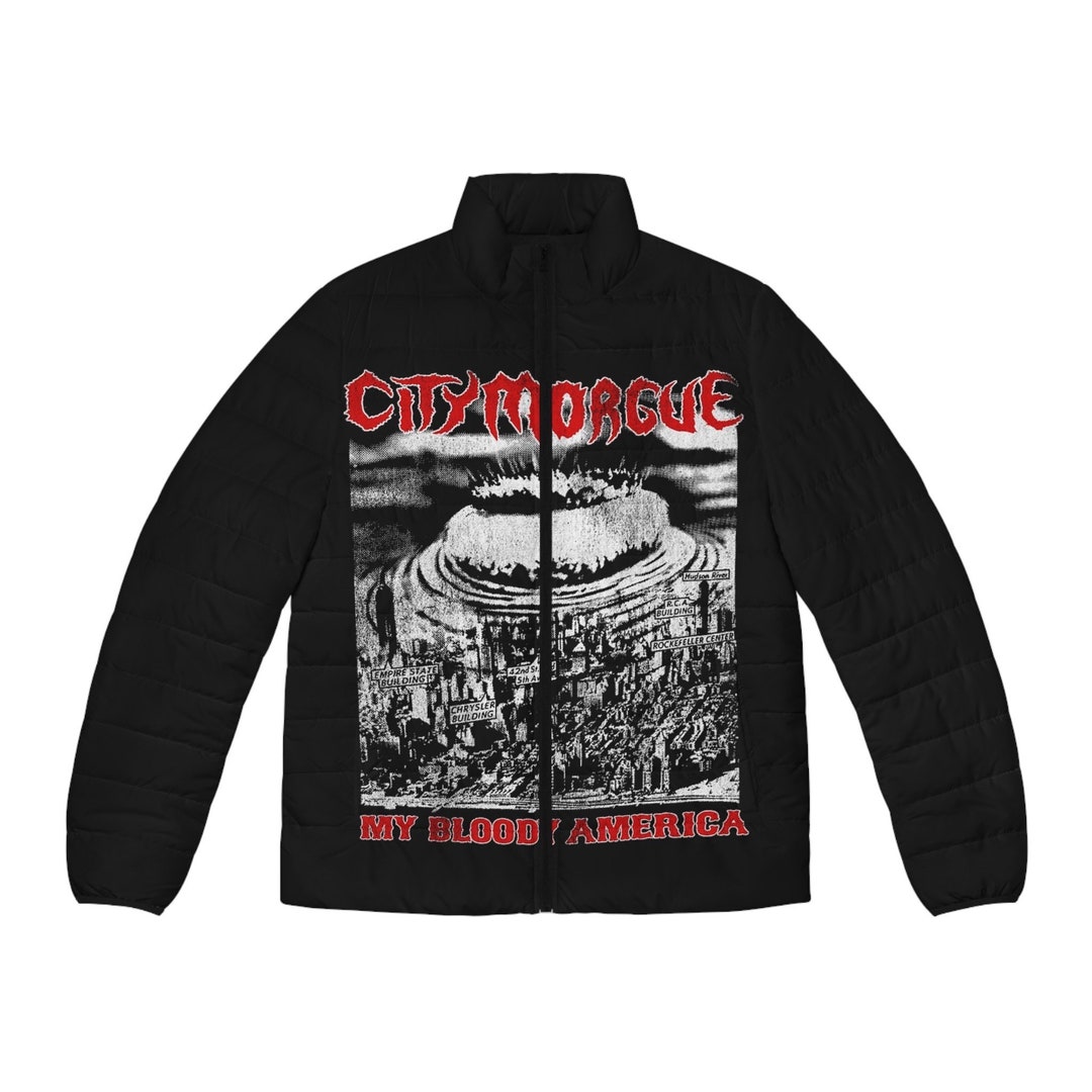 City Morgue My Bloody America Puffer Jacket Red Black Front and Back ...