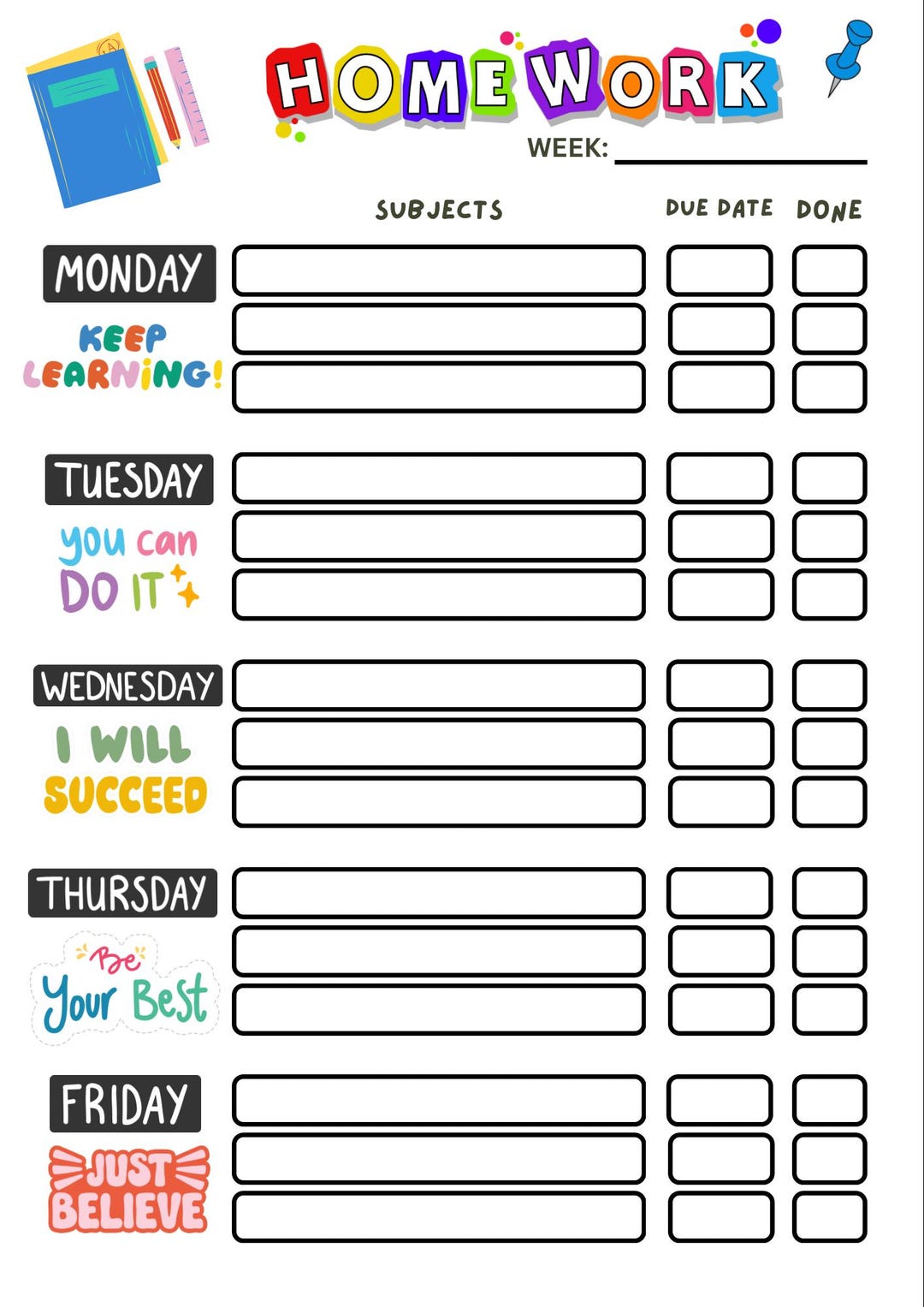 Kids Homework Tracker: Printable - Etsy