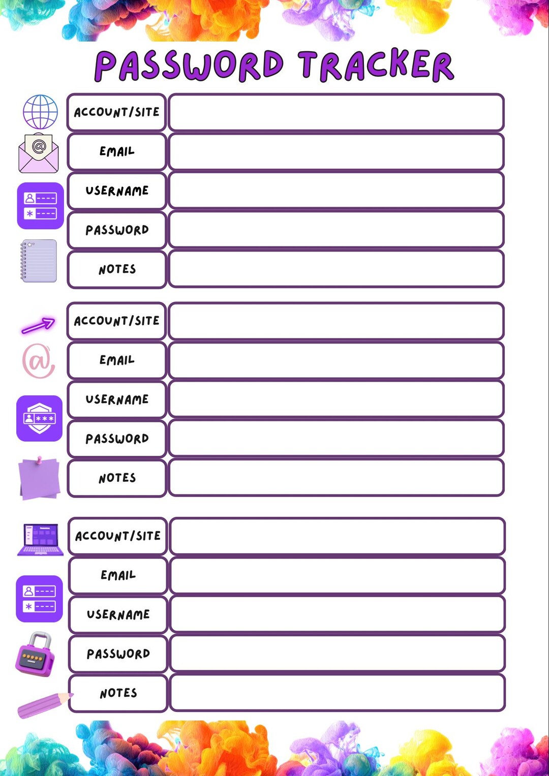 Printable Password Tracker | Colourful Password Organiser | Digital ...