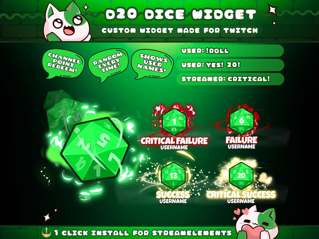 20 Sided Green Dice Roll Widget for Twitch Streamers | Chat Command ...