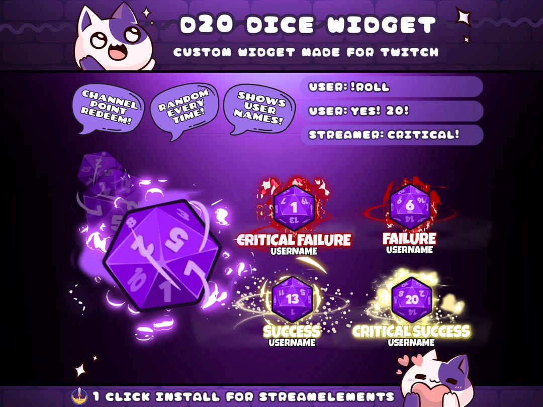 20 Sided Purple Dice Roll Widget for Twitch Streamers | Chat Command ...
