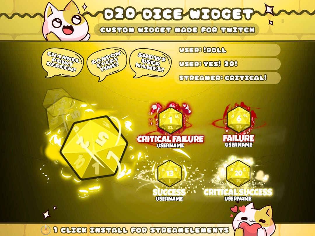 20 Sided Yellow Dice Roll Widget for Twitch Streamers | Chat Command ...