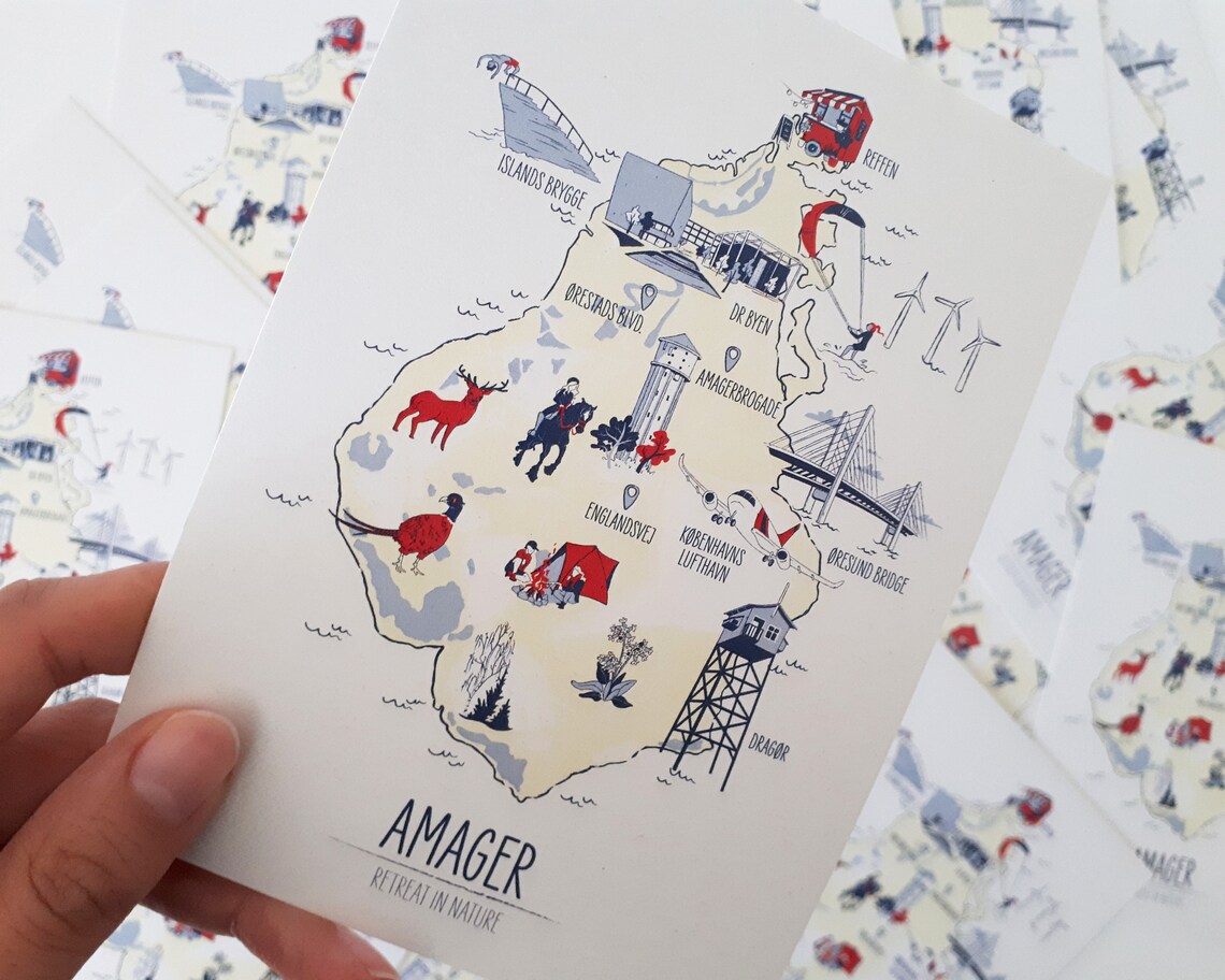 Illustrated Map of Amager Copenhagen A6 Postcard | Etsy