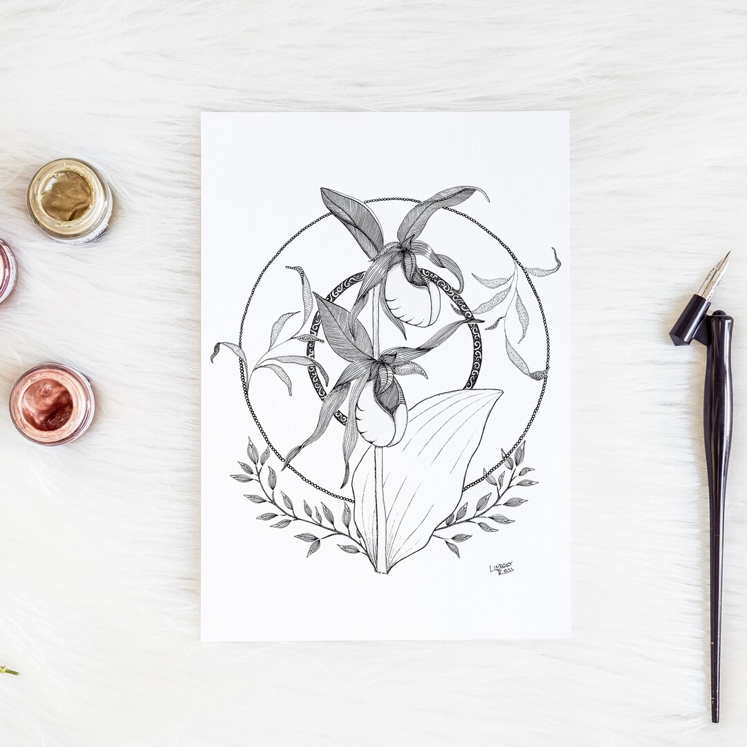 Lady's Slipper Card // PEI Card // Floral Card // Black and White ...