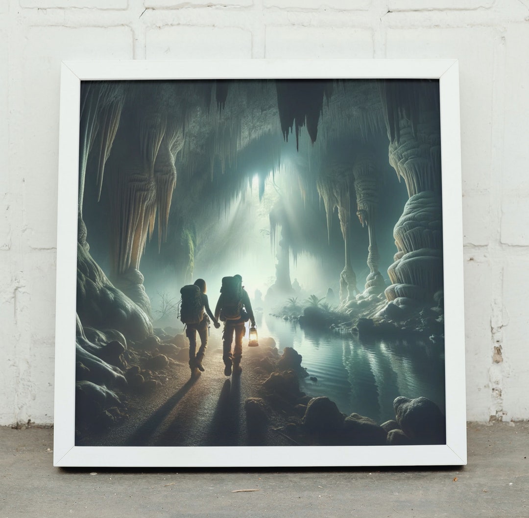 Hiking Couple Cave Exploring Digital Central Perspective Instant Art ...