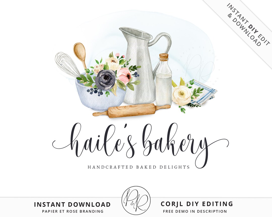 DIY Editable Bakery Logo Template | Instant Watercolor Watermark ...