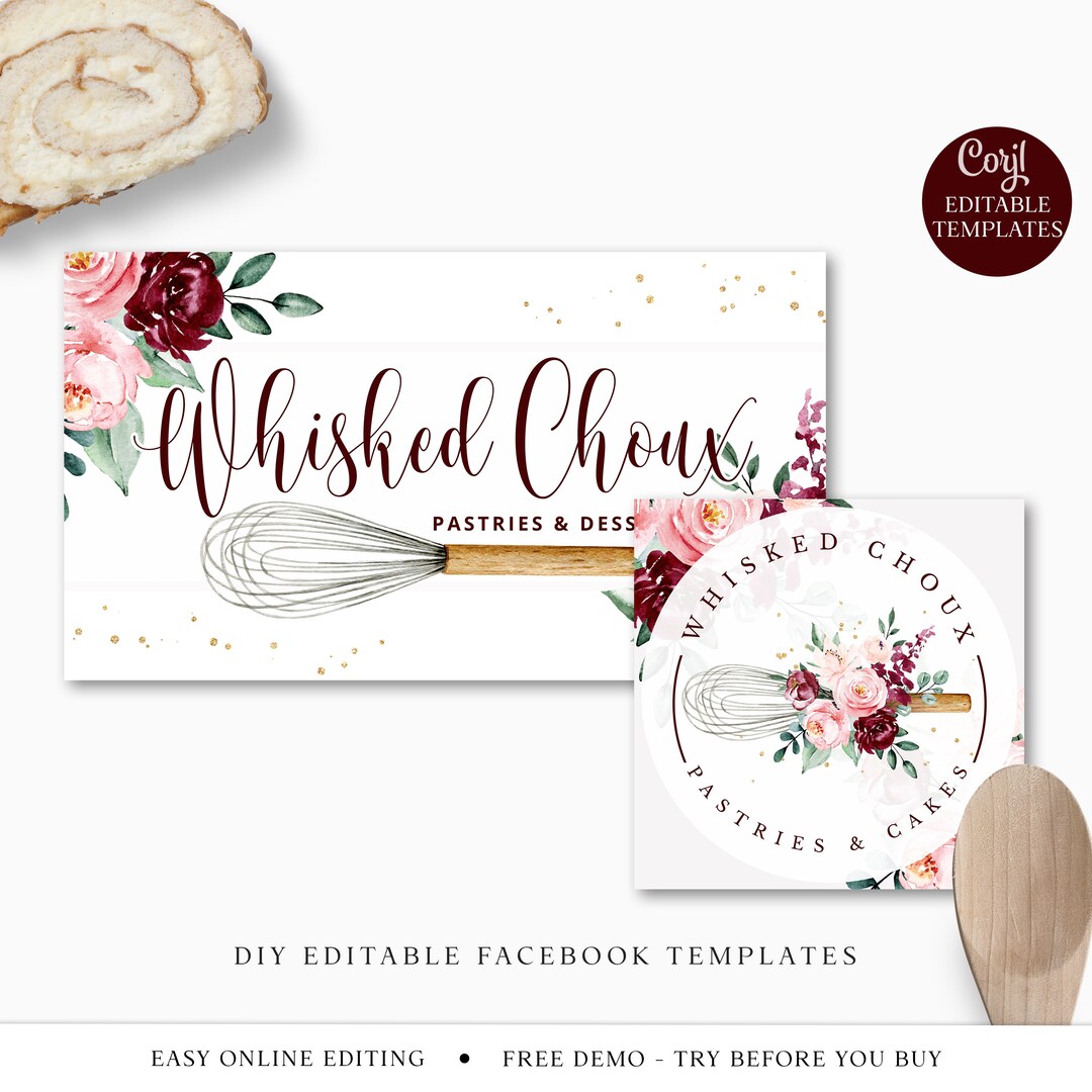 Editable Bakery Facebook Cover Template, DIY Edit Watercolor Whisk ...