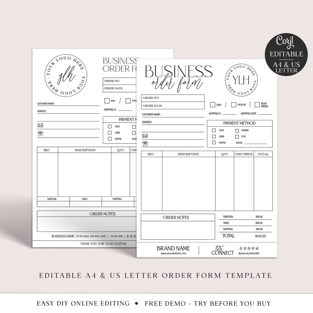 Business Order Form Editable Template, (2 Sizes) Minimalist Company ...