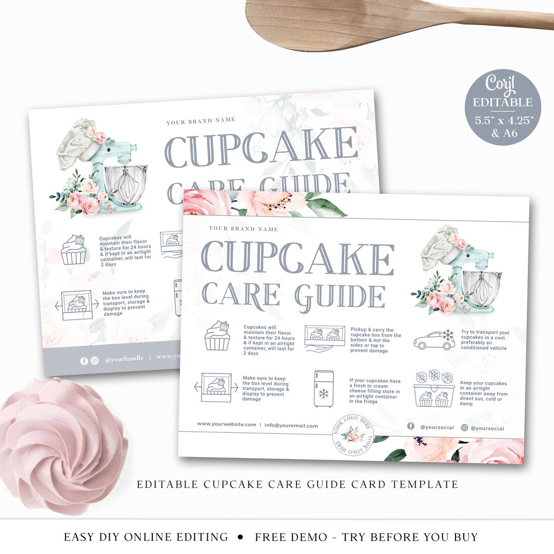 Editable Cupcake Care Card, 2 Sizes Printable Cupcake Care Template, Watercolor Mixer Muffin ...