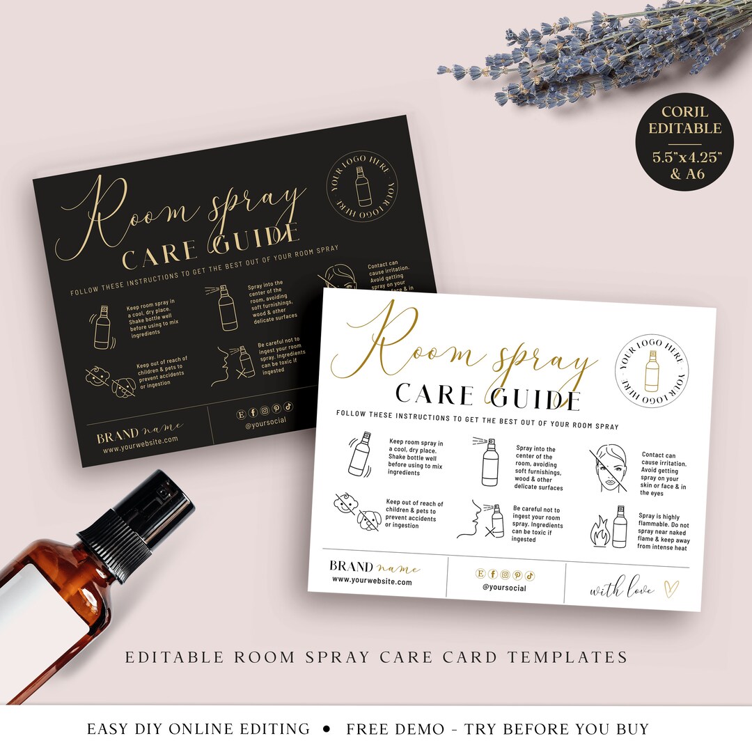 Editable Room Spray Care Card Template, 2 SIZES Air Freshener ...