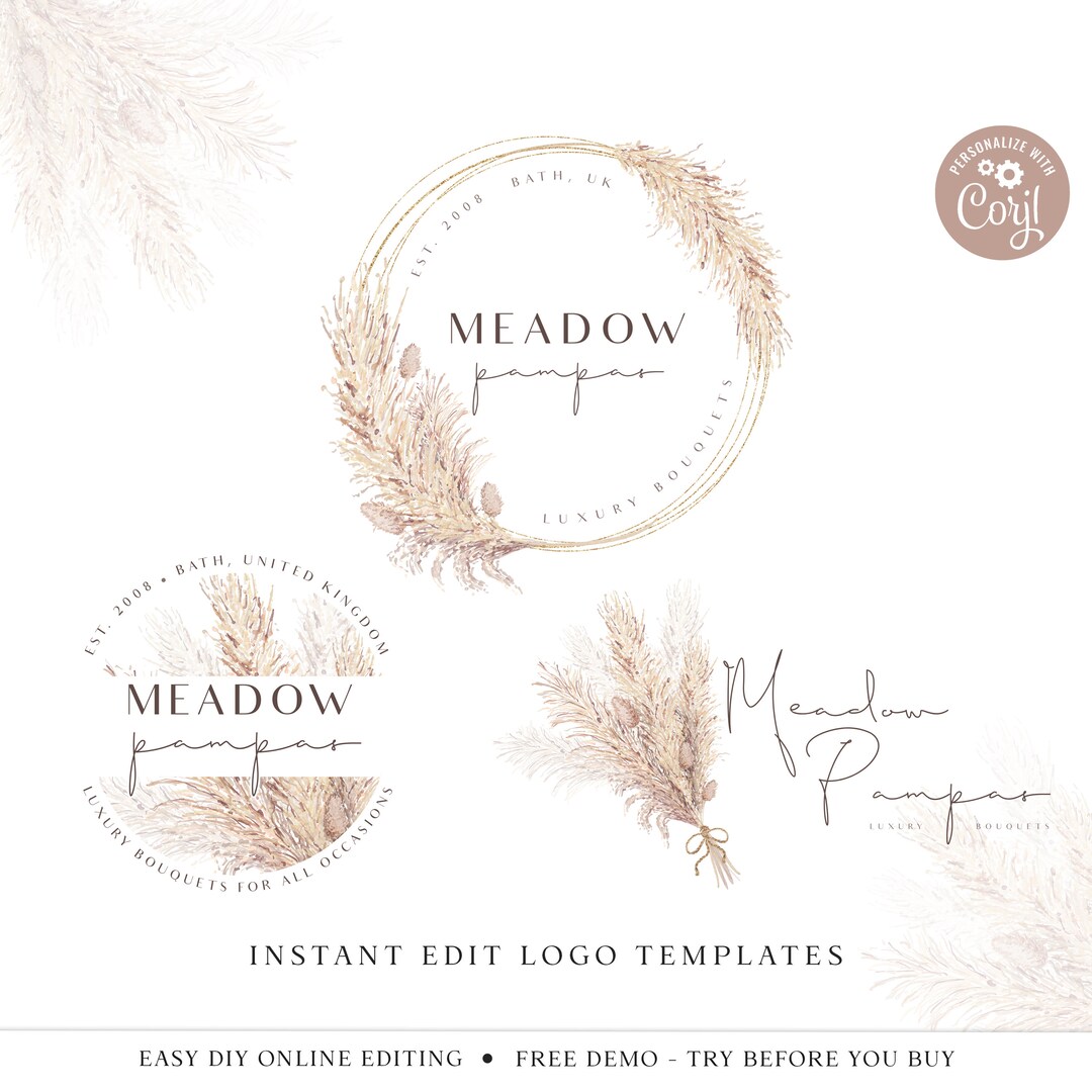 Editable Pampas Logo Bundle, 3 X DIY Edit Modern Branding Set, Instant ...