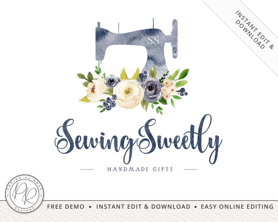 Editable Watercolor Floral & Sewing Machine Gifts DIY Logo Design ...