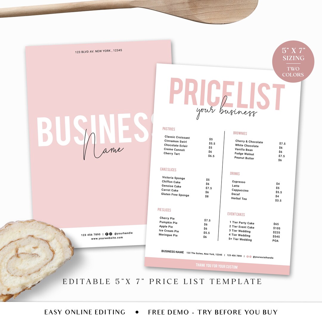 Business Price List Template, 5 X 7 Minimalist Editable Pricing Guide ...