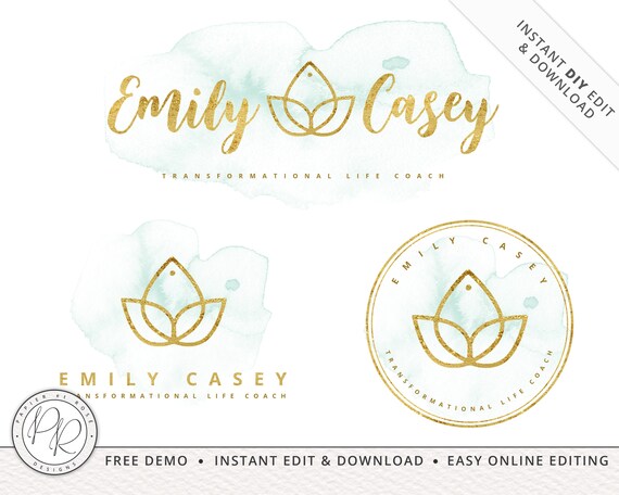 Editable Premade 3 X Logo Suite Soft Green & Gold Watercolor | Etsy