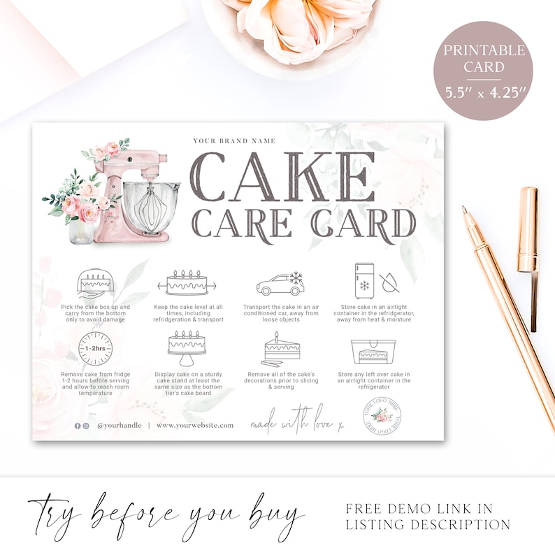 Editable Cake Care Card Printable Cake Care Template Pink - Etsy UK