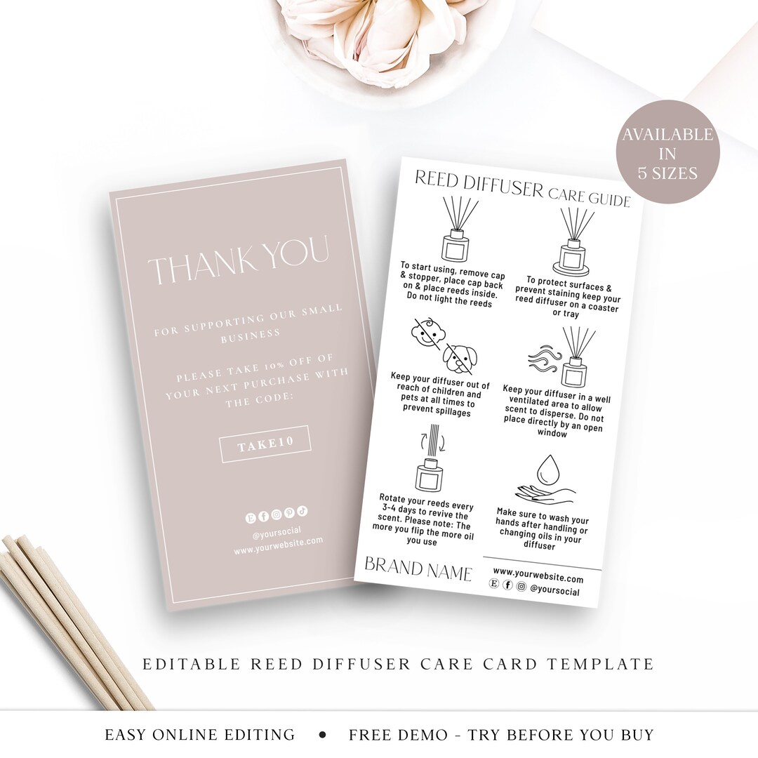 Editable Reed Diffuser Care Card Template 5 SIZES Room - Etsy