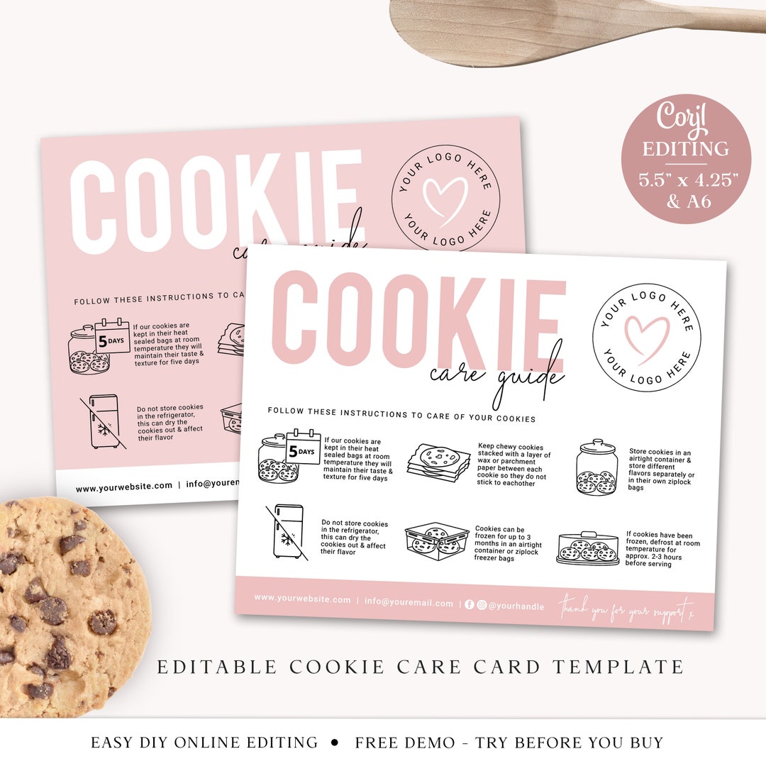 Editable Cookie Care Card, 2 Sizes Printable Biscuit Care Template ...
