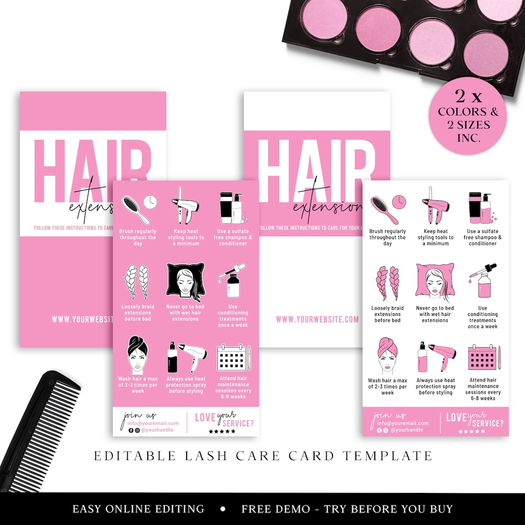 Hair Extensions Care Card Editable Template, Pink Hair Extension Care ...