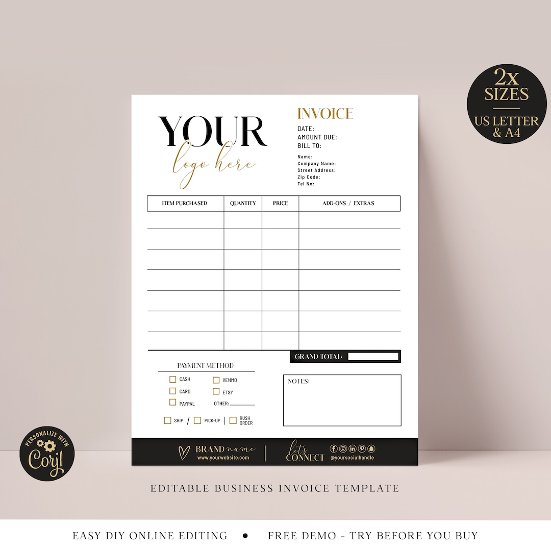 Business Invoice Template Editable, 2 Sizes Printable Company Invoice ...