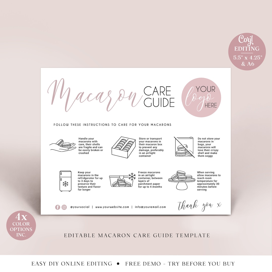Editable Macaron Care Card, 2 Sizes Minimalist Macarons Care Template ...