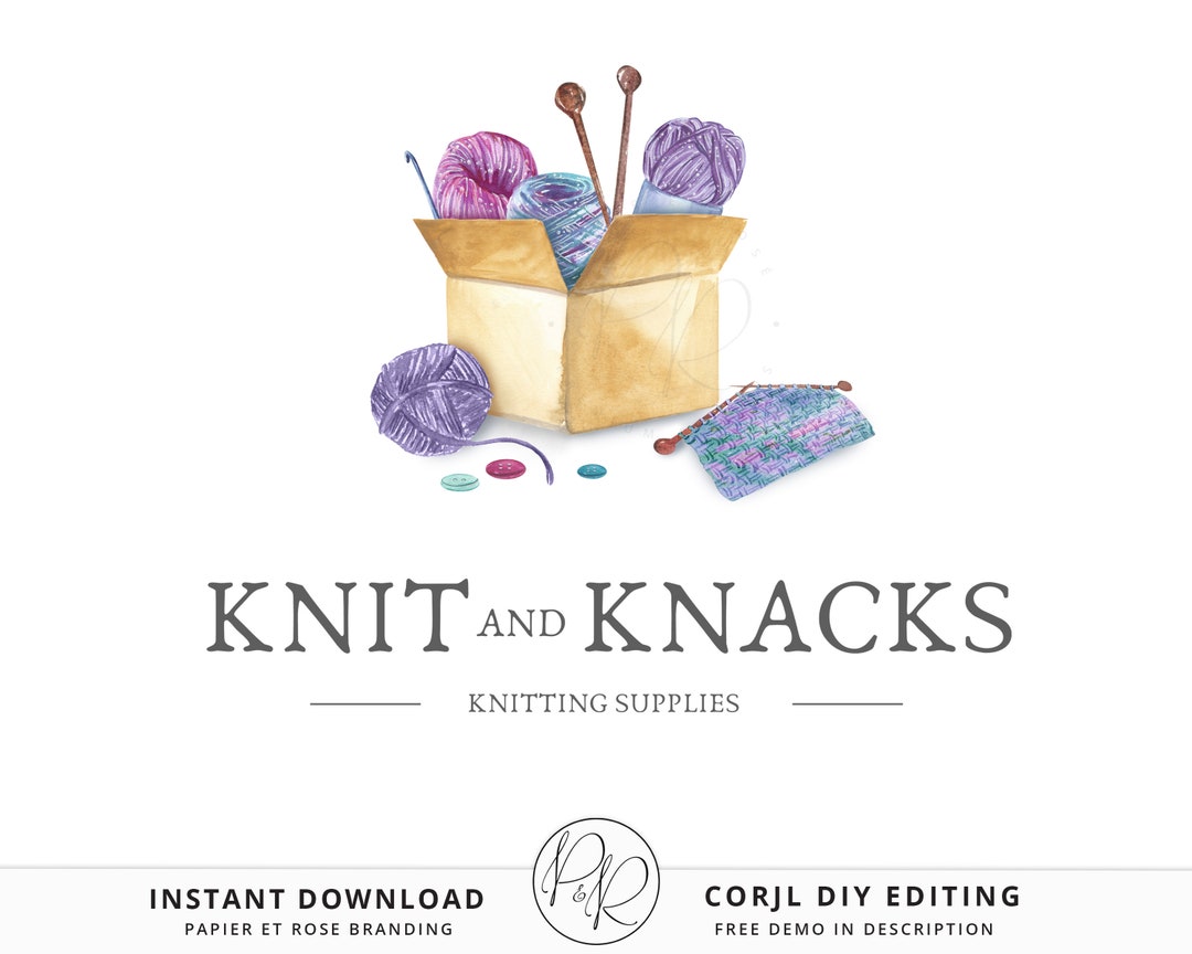 Editable Knitting Logo Template | Instant Watercolor Watermark Craft ...