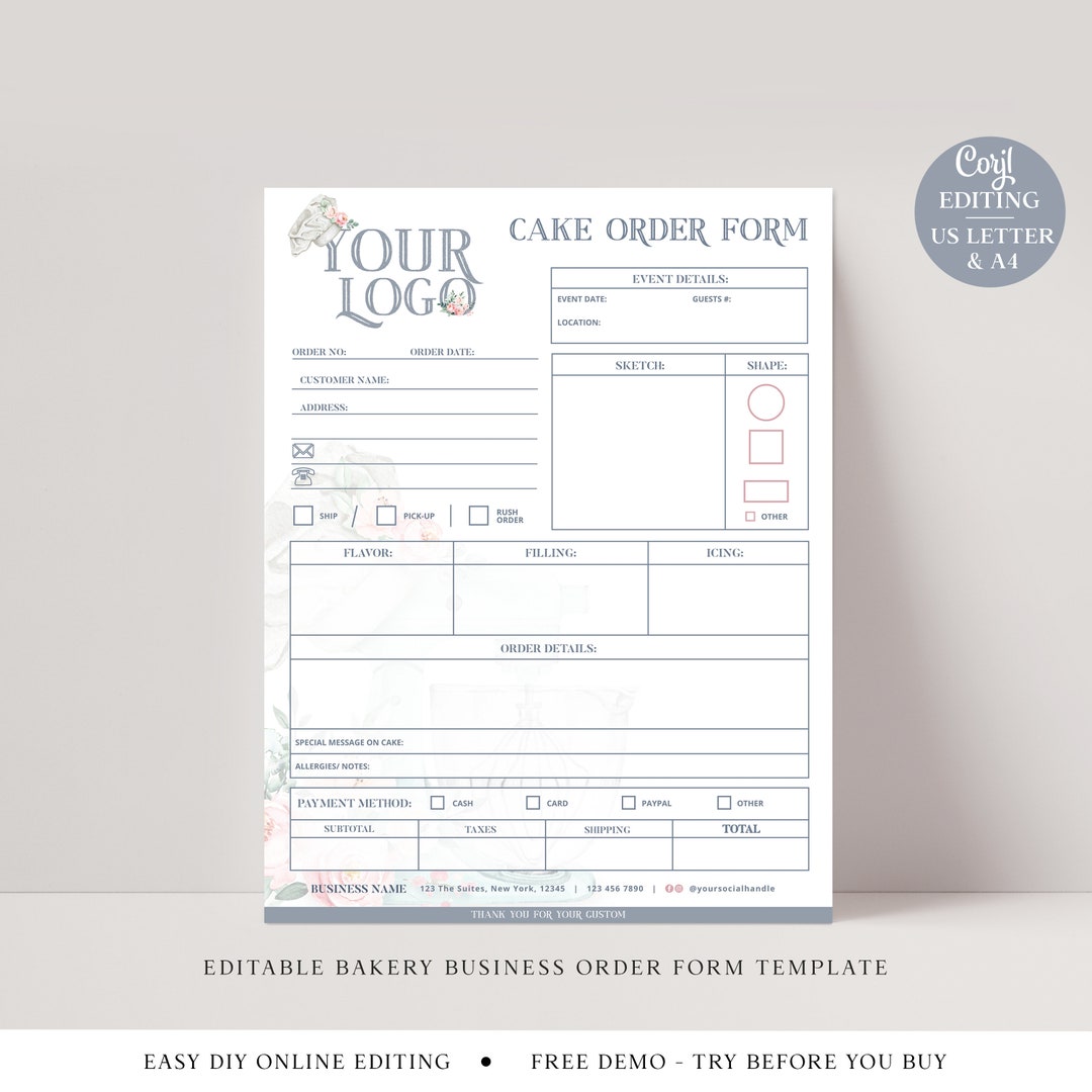 Cake Order Form Template, Editable Cake Business Order Form, Printable ...