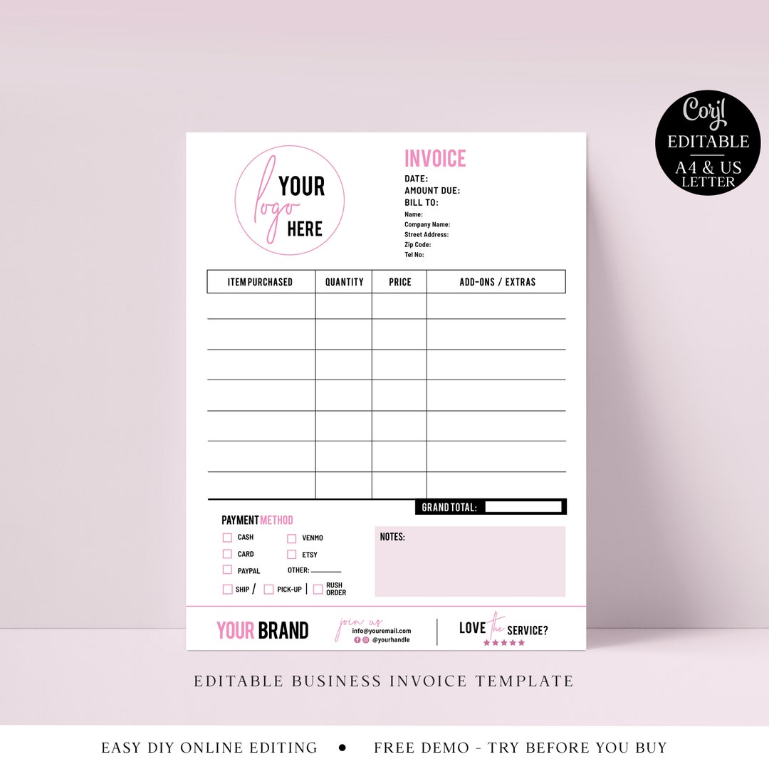 Editable Minimal Invoice Business Template, 2 Sizes Simple Company ...