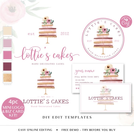Editable Bakery Branding Bundle 4pc Cute Cake Logo Kit and - Etsy