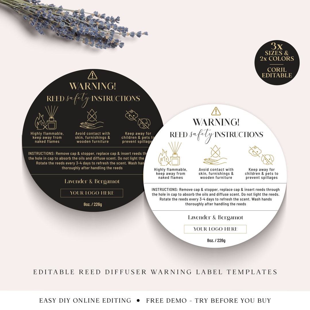 Reed Diffuser Warning Label Template (3 Sizes) Editable Diffuser Safety ...