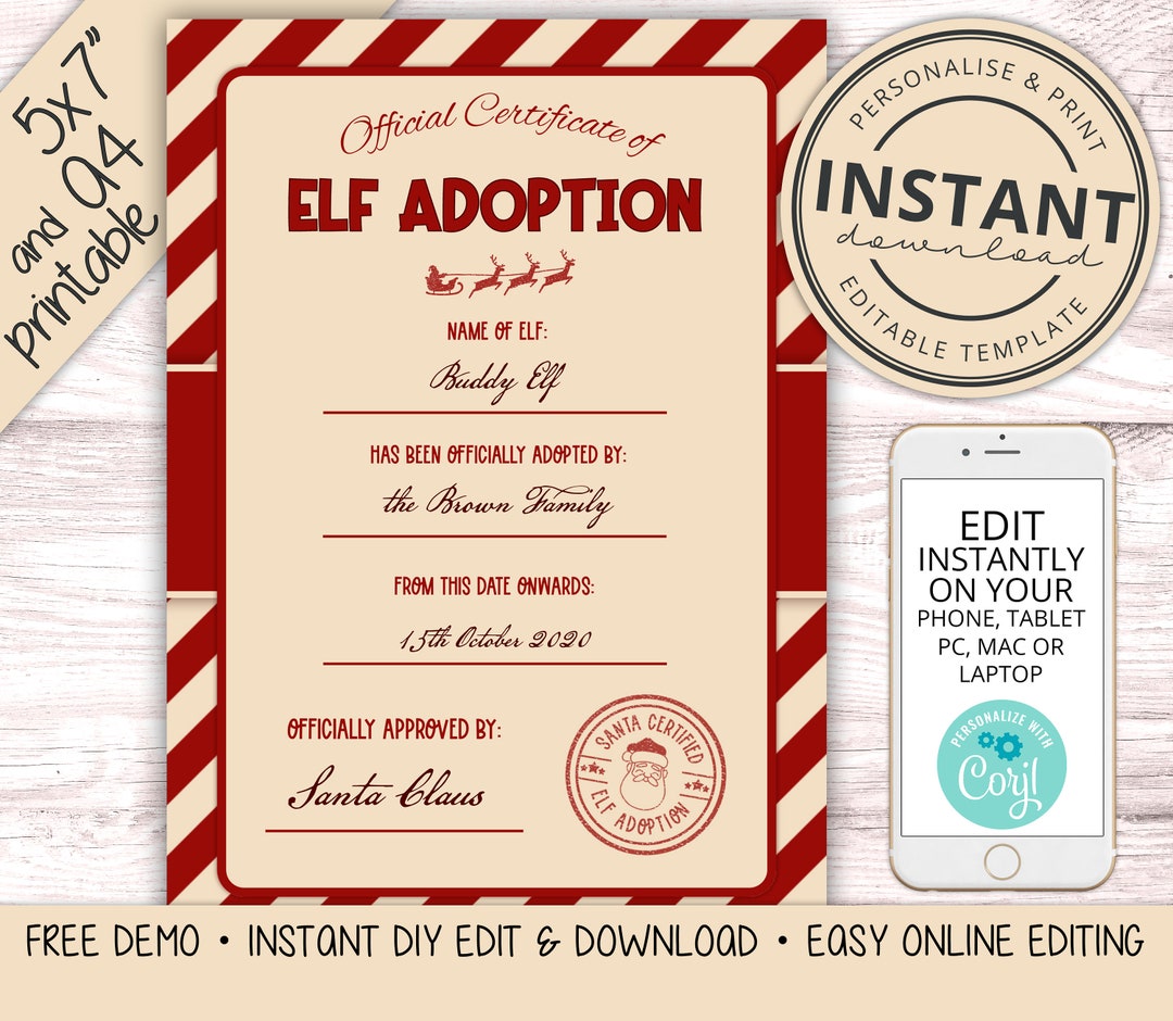 Christmas Elf Adoption Certificate Template, Editable Instant Download ...