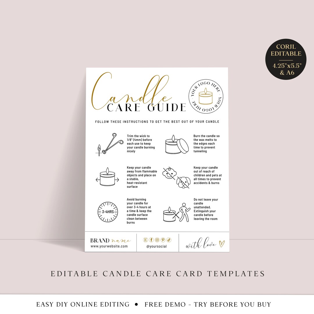 Candle Care Guide Editable Template, 2 Size Minimalist Candle ...