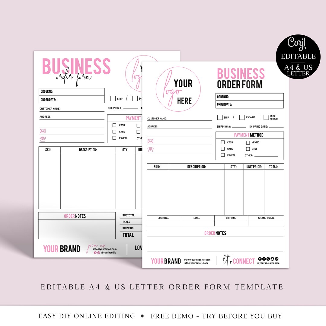 Business Order Form Editable Template, 2 Sizes Minimalist Company ...