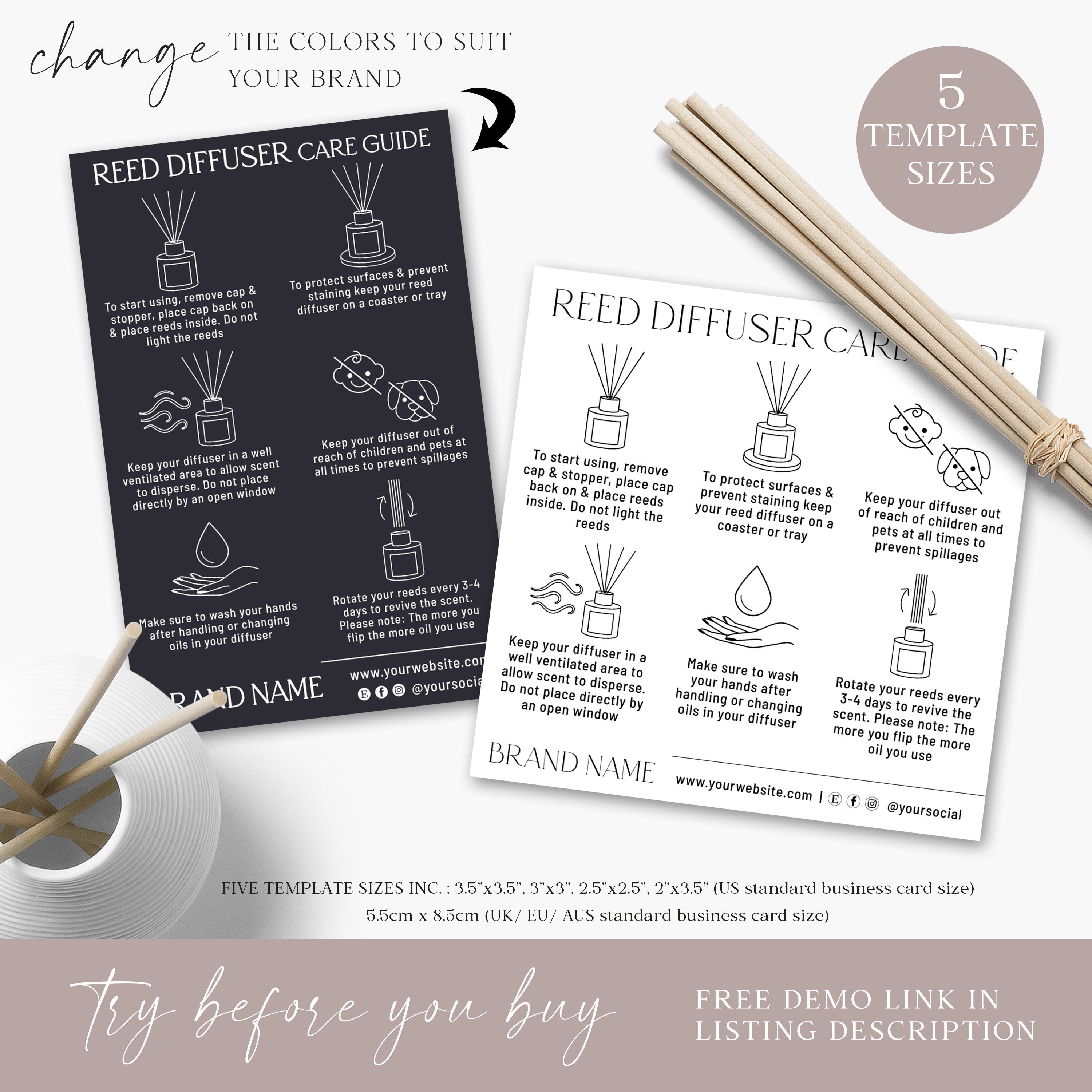 Editable Reed Diffuser Care Card Template 5 SIZES Room - Etsy UK