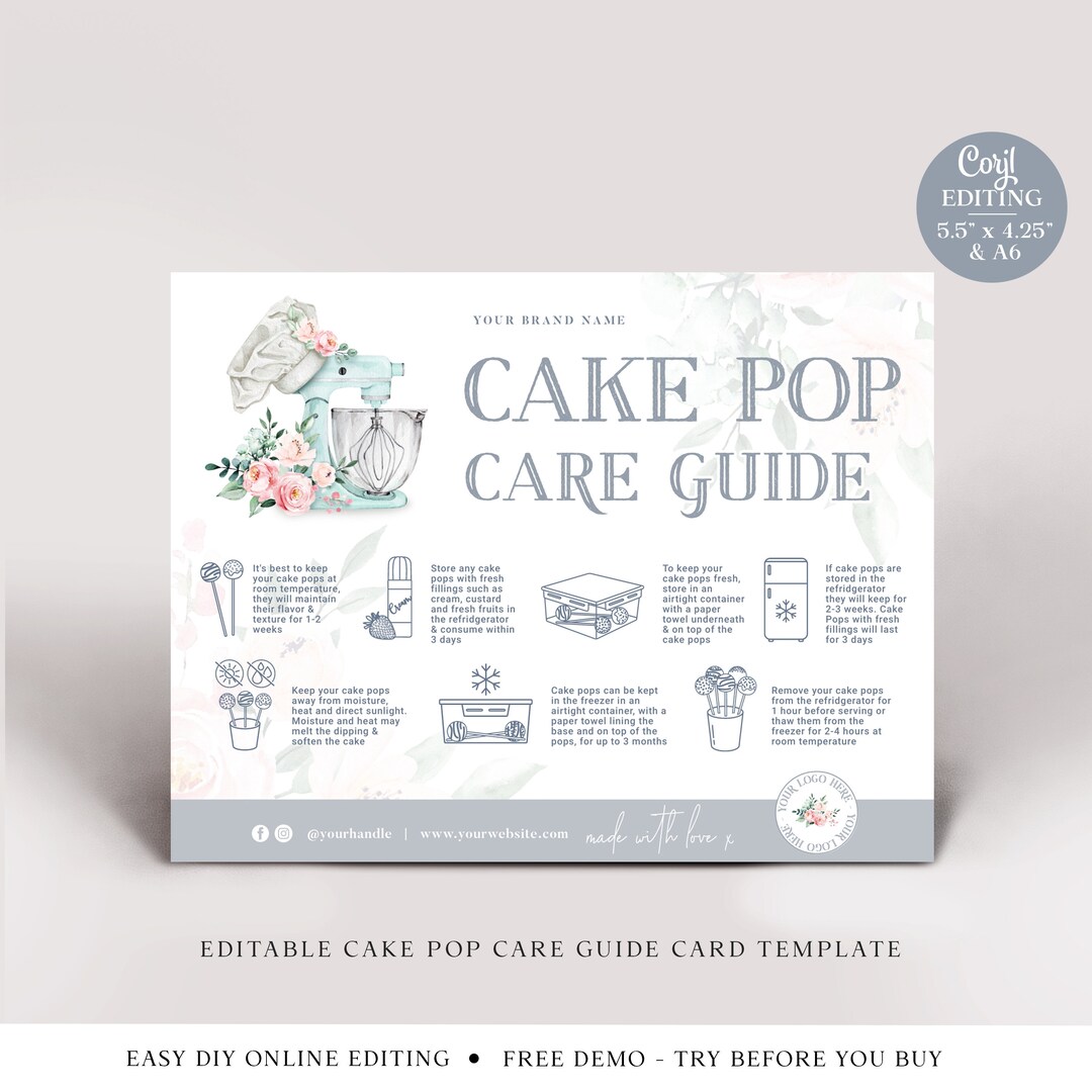Editable Cake Pop Care Card, Printable Rustic Cake Balls Care Template, Farmhouse Bakery Cake ...