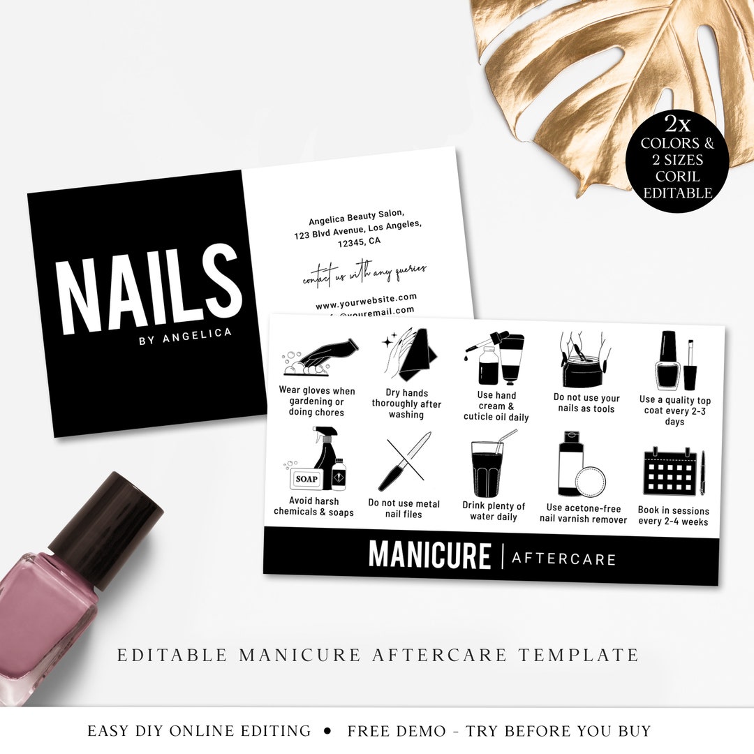 Manicure Care Card Editable Template, 2 Sizes Nail Care Template, DIY ...