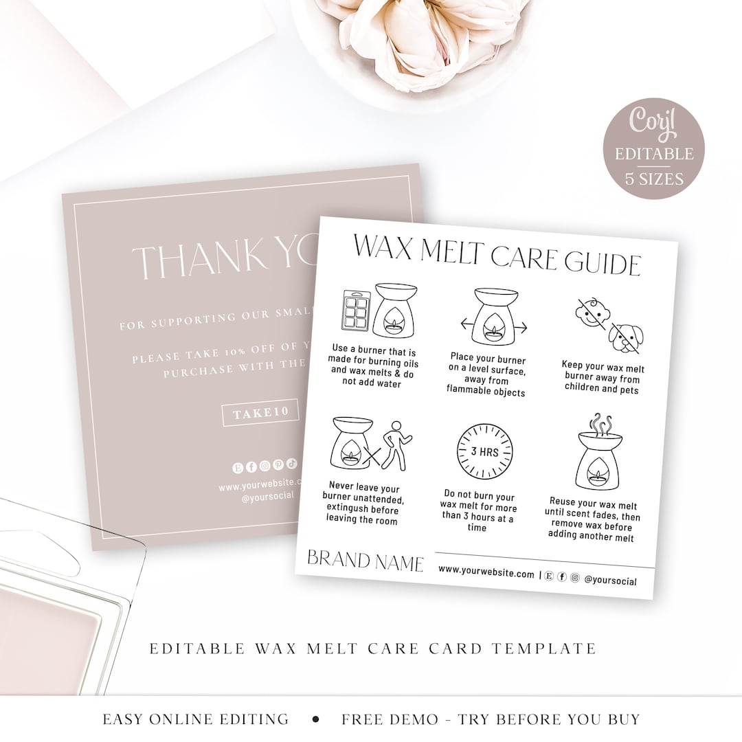 Wax Melt Care Card Editable Template, Minimalist DIY Wax Melt ...