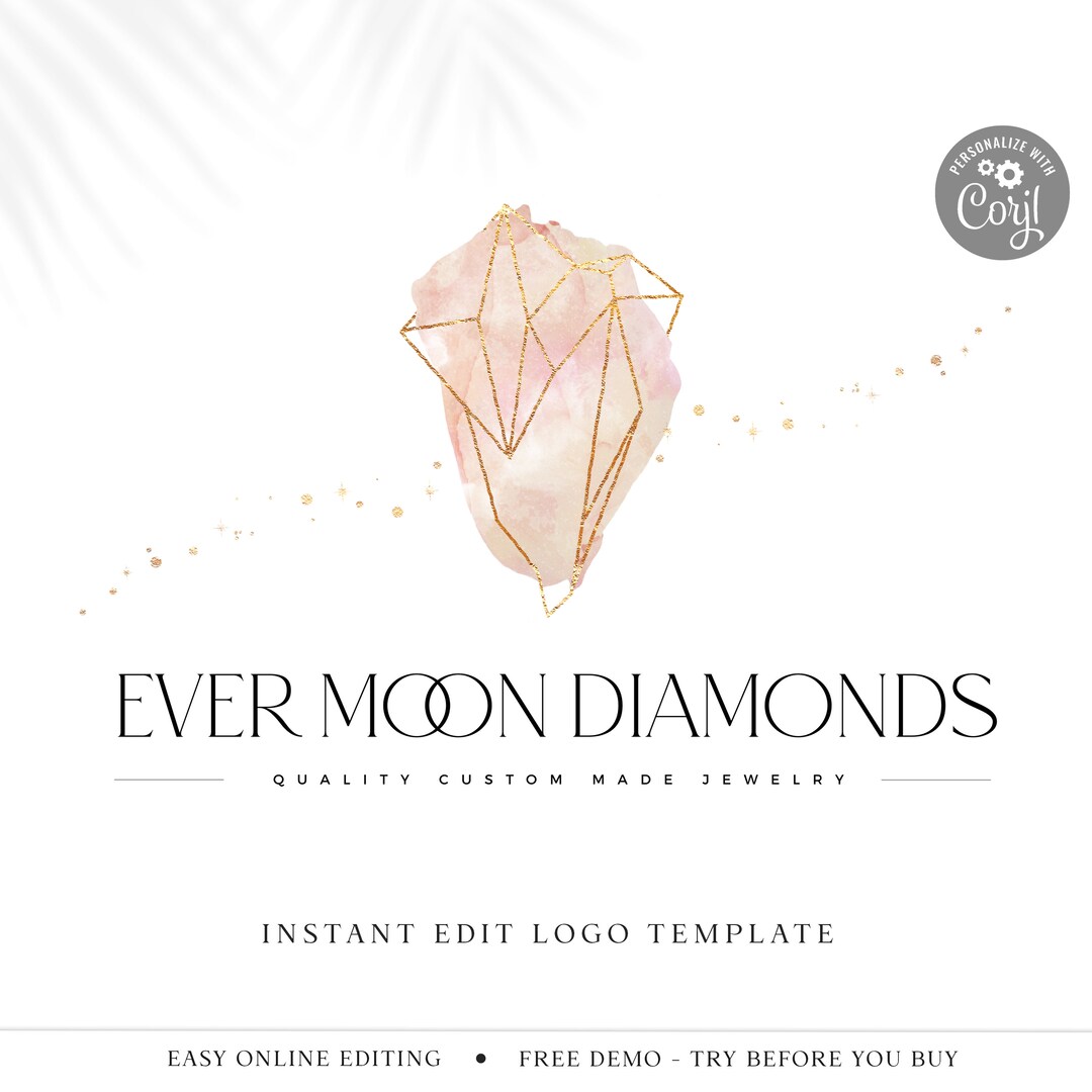Editable Gemstone Logo Blush Pink & Gold Ethereal Diamond Logo Design ...