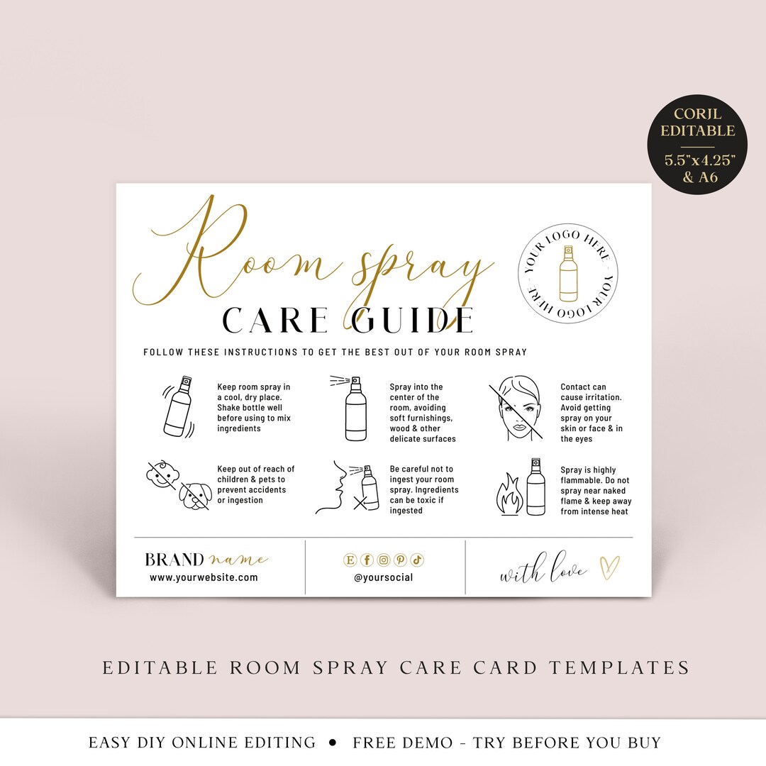 Editable Room Spray Care Card Template, 2 SIZES Air Freshener ...