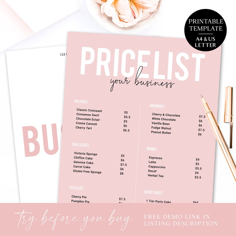 Editable Price List Template A4 & US Letter Minimalist - Etsy UK