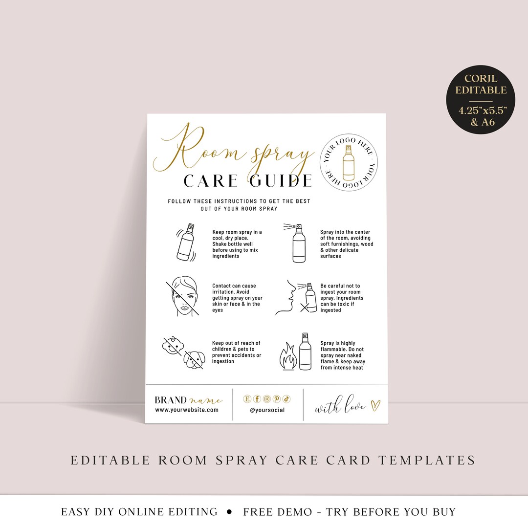 Editable Room Spray Care Card Template, 2 SIZES Air Freshener ...