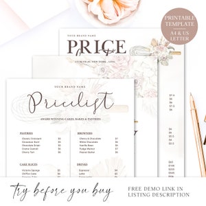 Bakery Price List Template, A4 & US Letter Boho Editable Pricing Guide, Customizable Printable ...